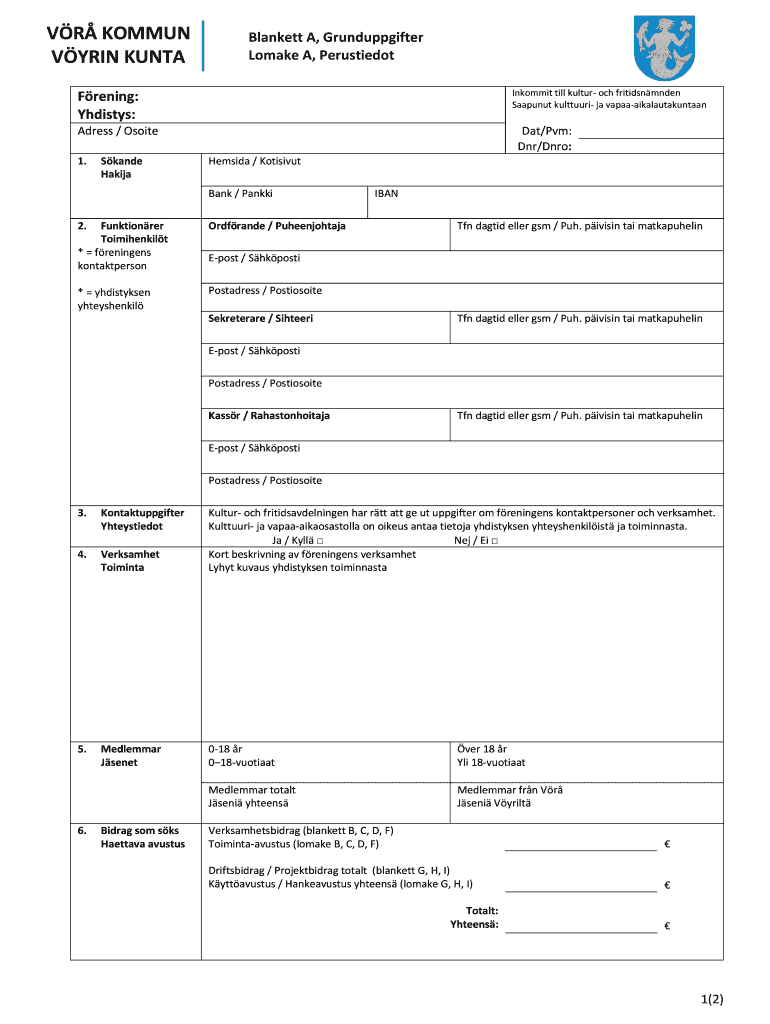 Fillable Online secure vora Blankett A, Grunduppgifter V YRIN KUNTA Lomake A ... Fax Email Print ...