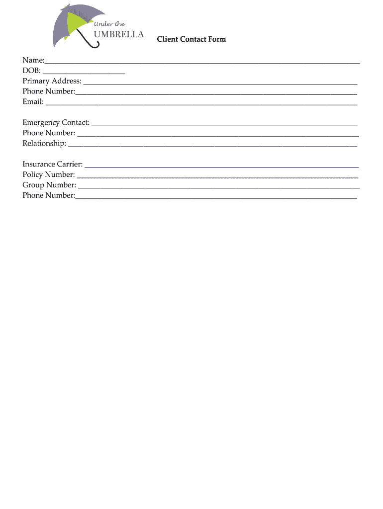 Fillable Online Intake forms - Under the Umbrella Multidisciplinary treatment for ... Fax Email ...