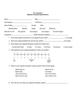 Fillable Online Pre Treatment Migraine Headache Questionnaire ...