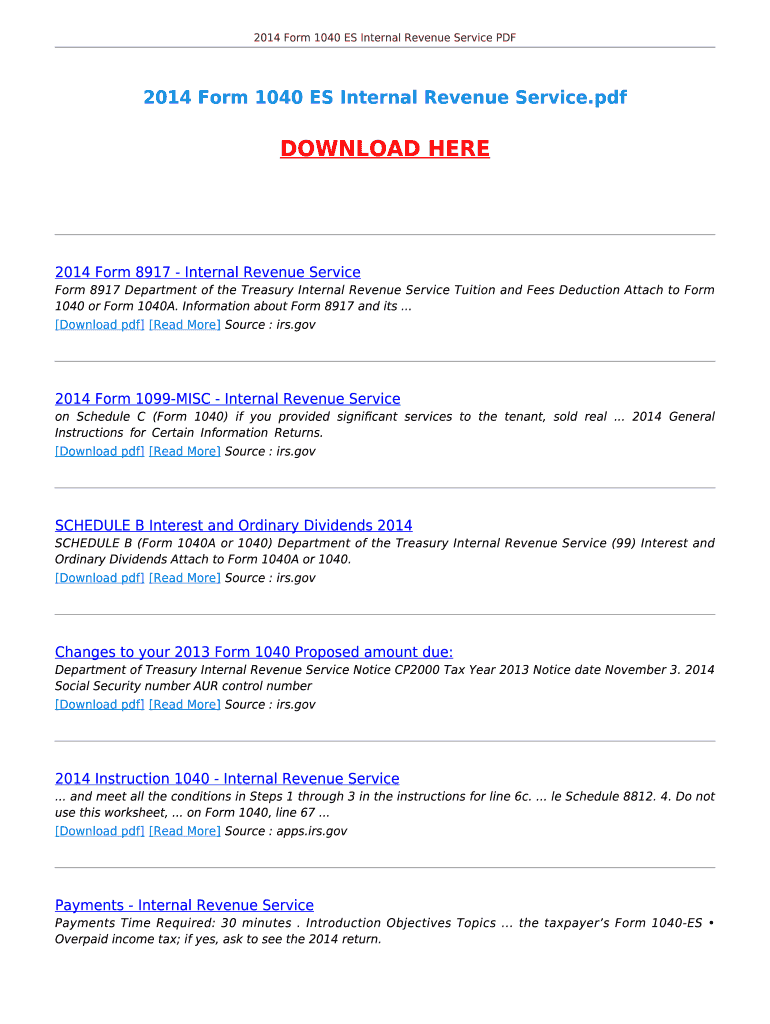 Fillable Online avlib 2014 FORM 1040 ES INTERNAL REVENUE SERVICE. 2014 ...