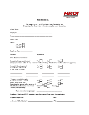 Fillable Online REHIRE FORM - hroi.com Fax Email Print - pdfFiller