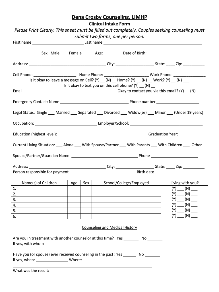 Fillable Online Printable Intake Forms - Dena Crosby Counseling Fax ...