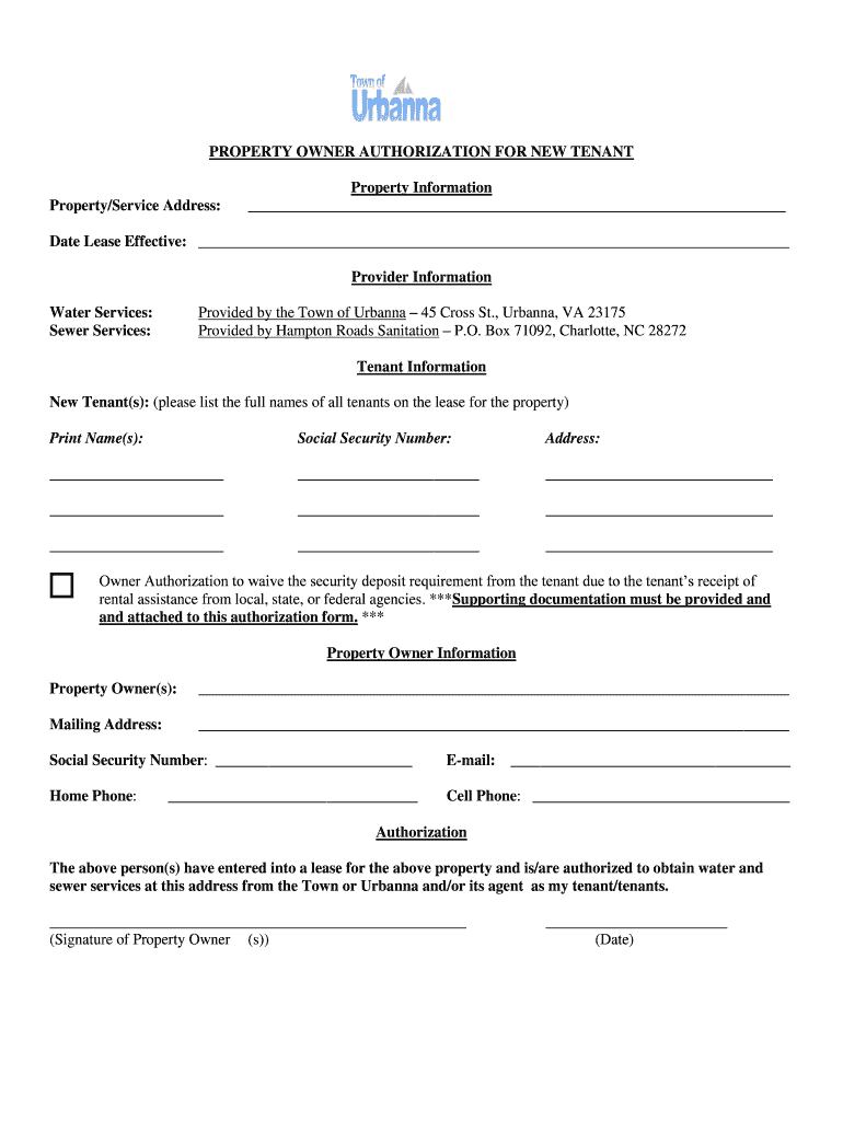 Fillable Online Property Owner Authorization for New Tenant - Town of ...