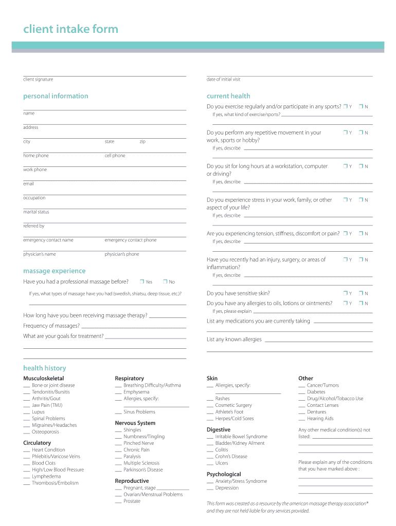 Fillable Online Client Intake Form - San Francisco Sports Massage ...