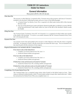 Fillable Online tax vermont FORM EST-191 Instructions Estate Tax Return ...