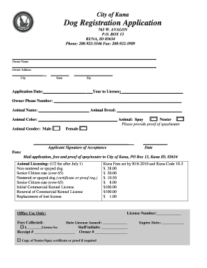 Fillable Online Dog Registration Application - Kuna Fax Email Print ...