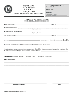 Fillable Online Business License Renewal Application - Kuna Fax Email ...