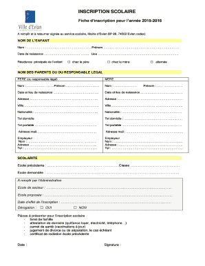 Fillable Online ville-evian Fiche d inscription pour l ann e 2015-2016 ...