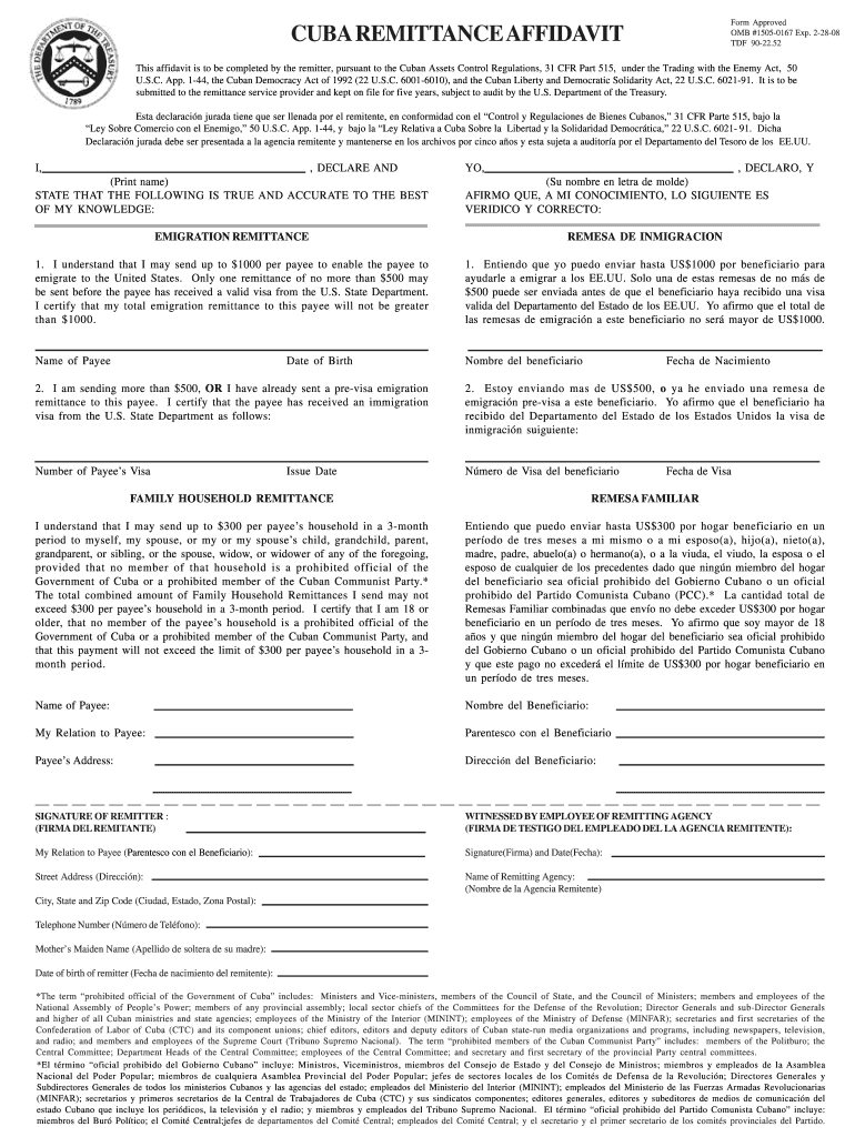 Fillable Online ffiec CUBA REMITTANCE AFFIDAVIT Form Approved Fax Email ...
