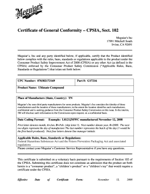 Fillable Online Certificate of General Conformity CPSIA, Sect. 102 Fax ...