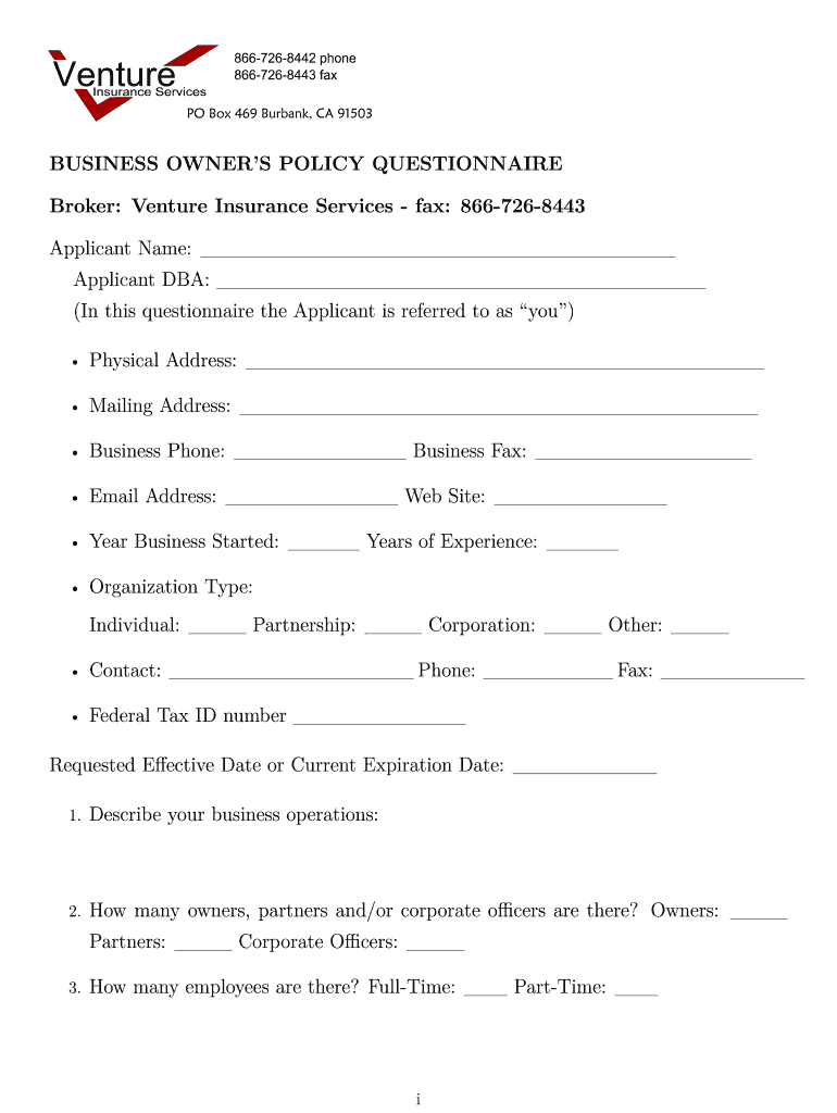 Fillable Online BOP Questionnaire - Venture Insurance Services Fax ...