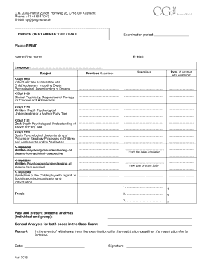 Fillable Online Examination Period: CHOICE OF EXAMINER Examination ...