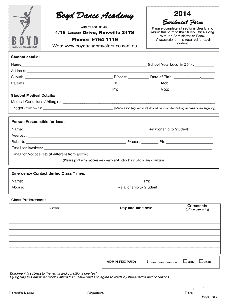 Fillable Online Boyd Dance Academy 2014 Enrolment Form Fax Email Print ...