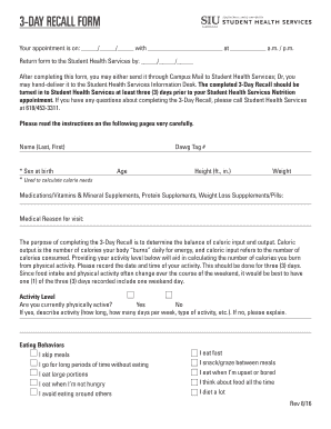 Fillable Online 3-DAY RECALL FORM - shc.siu.edu Fax Email Print - pdfFiller