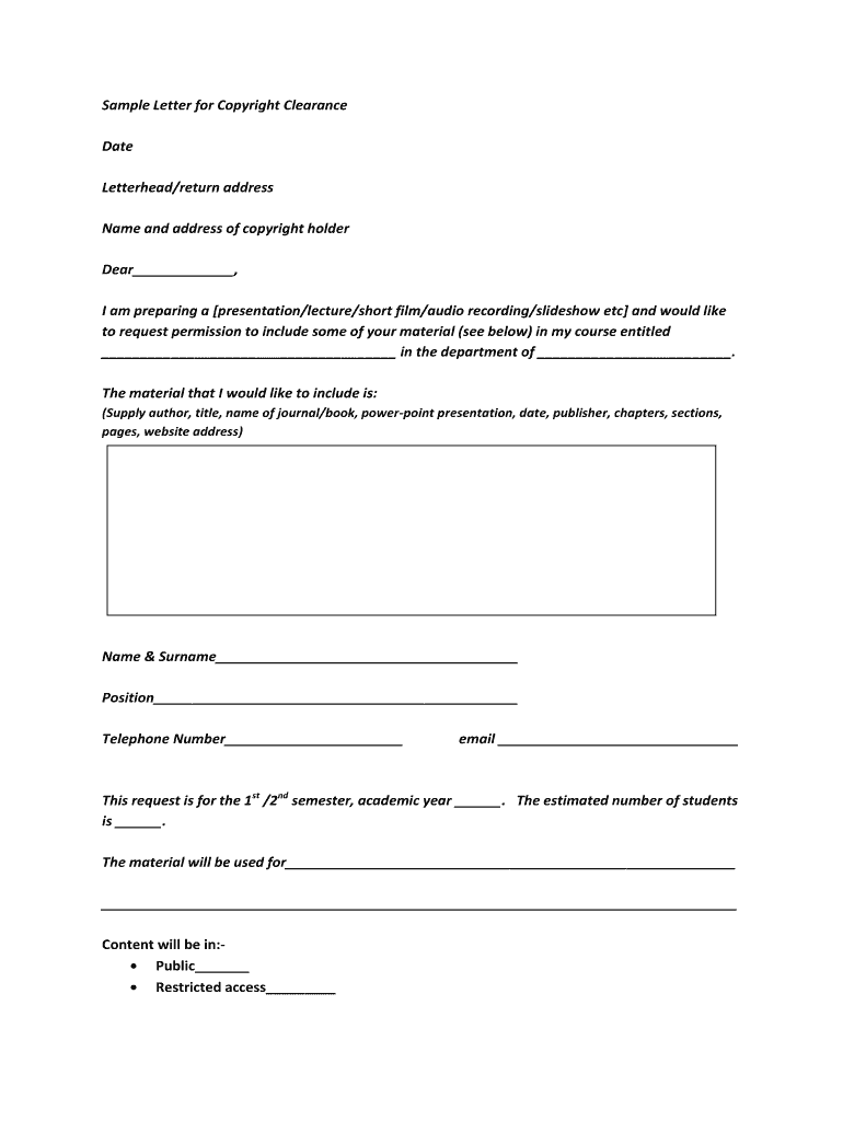 Fillable Online um edu Sample Letter for Copyright Clearance - um edu ...