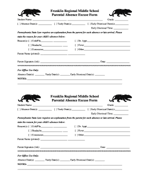 Fillable Online Franklin Regional Middle School Parental Absence Excuse ...