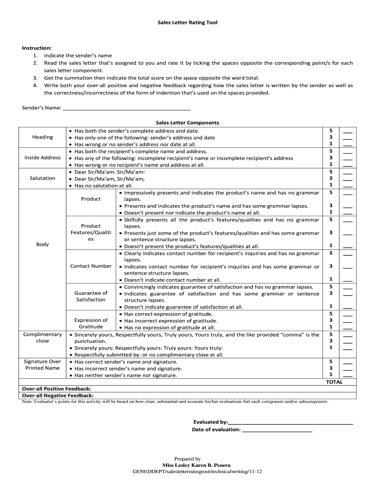 Fillable Online Sales Letter Rating Tool Fax Email Print - pdfFiller