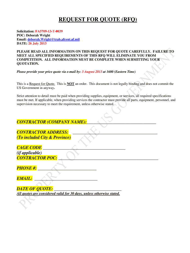 Fillable Online usmilitarycontracting REQUEST FOR QUOTE (RFQ ...