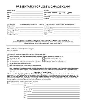 Fillable Online PRESENTATION OF LOSS & DAMAGE CLAIM Fax Email Print - pdfFiller