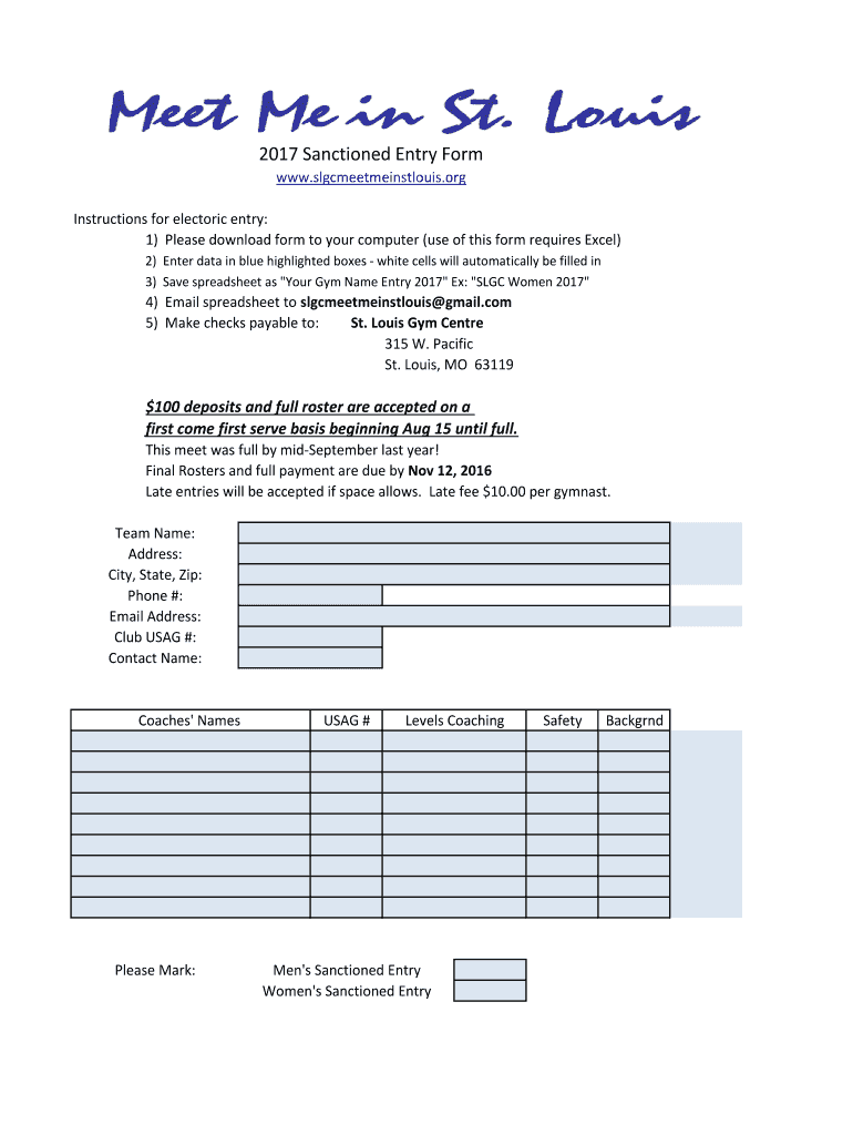Fillable Online slgcmeetmeinstlouis 2017 Sanctioned Entry Form - slgcmeetmeinstlouis.org Fax ...