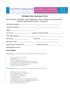 Fillable Online Birthday Party Agreement Form - Rhythm & Beyond Fax ...