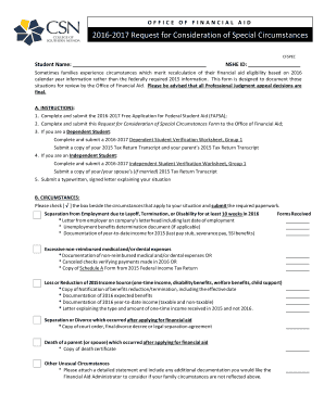Fillable Online csn OFFICE OF FINANCIAL AID 2016-2017 Request for ...
