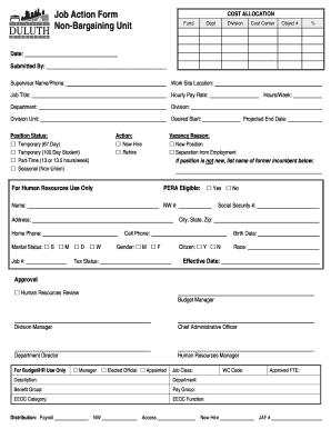 Fillable Online duluthmn Job Action Form COST ALLOCATION Non-Bargaining ...