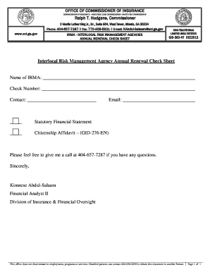 Fillable Online Name of IRMA: Check Number: Contact: Email: Statutory ...