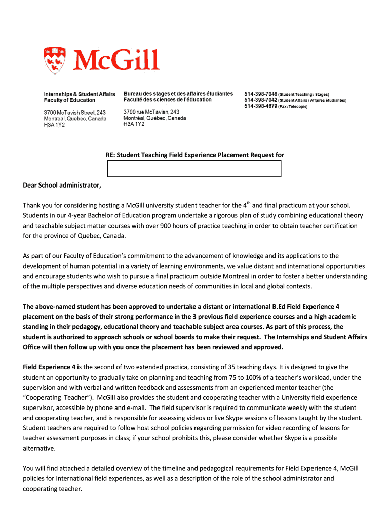 Fillable Online mcgill RE: Student Teaching Field Experience Placement Request for - mcgill Fax ...