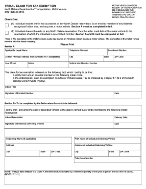 Fillable Online dot nd TRIBAL CLAIM FOR TAX EXEMPTION North Dakota ...