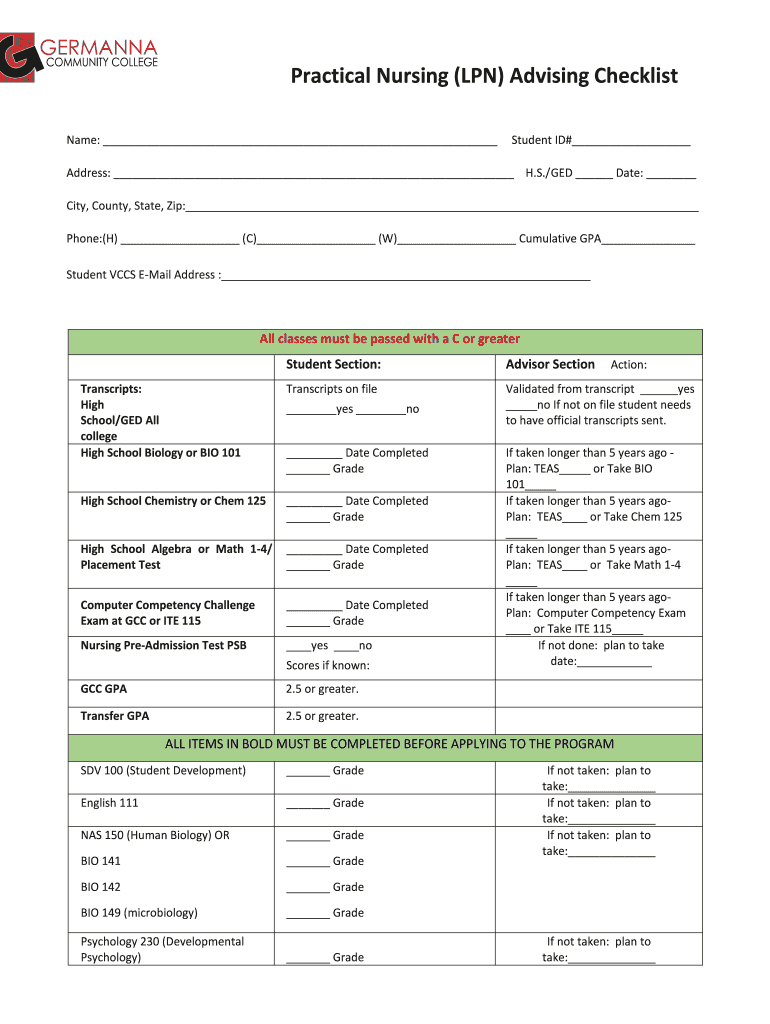 Fillable Online Practical Nursing (LPN) Advising Checklist Fax Email ...
