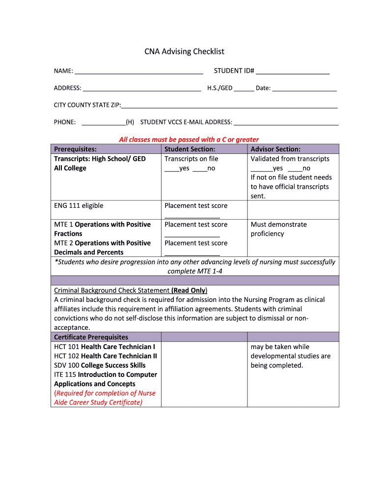Fillable Online CNA Advising Checklist Fax Email Print - pdfFiller