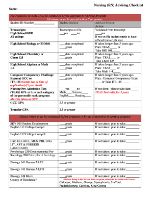 Fillable Online Nursing (RN) Advising Checklist Name: Fax Email Print - pdfFiller