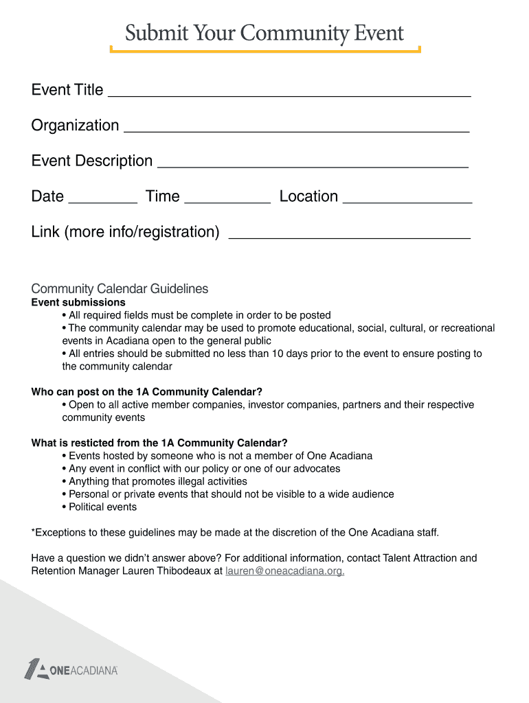Fillable Online oneacadiana Submit Your Community Event Fax Email Print - pdfFiller