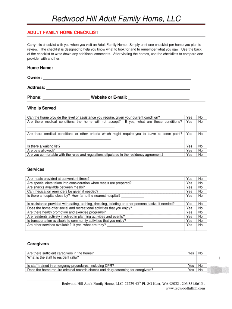 Fillable Online Adult Family Home Checklist - Redwood Hill Adult Family ...
