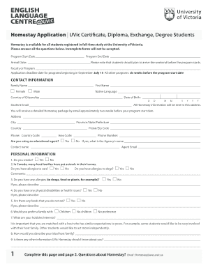Fillable Online Homestay Application UVic Certificate, Diploma ...