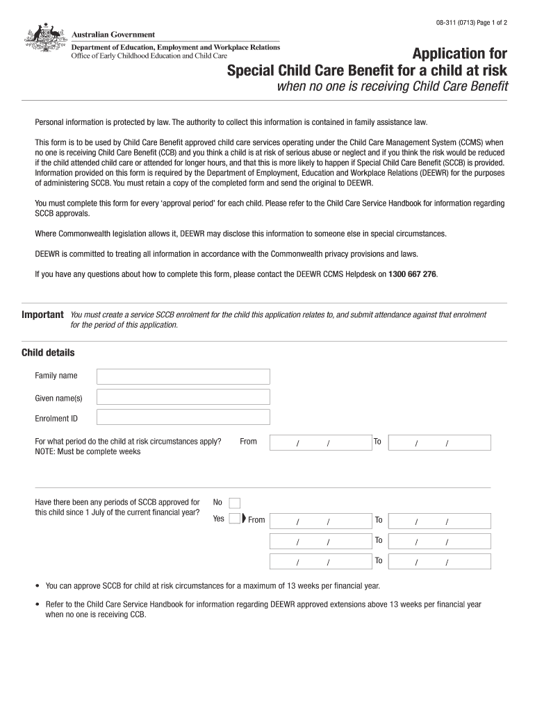 Fillable Online Application for Special Child Care Benefit for a child ...