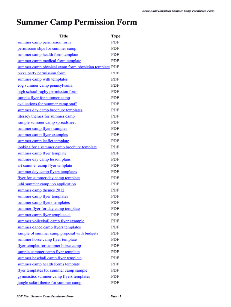 Fillable Online Summer Camp Permission Form. summer camp permission ...