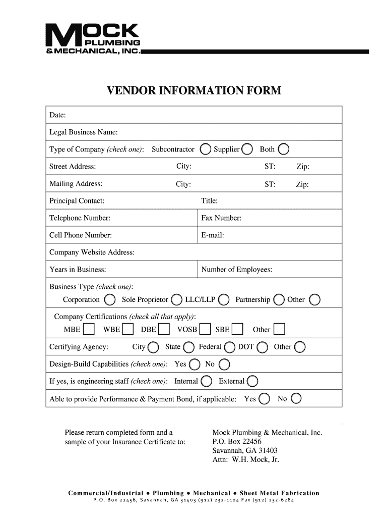 Fillable Online vendor information form - Mock Plumbing & Mechanical Fax Email Print - pdfFiller