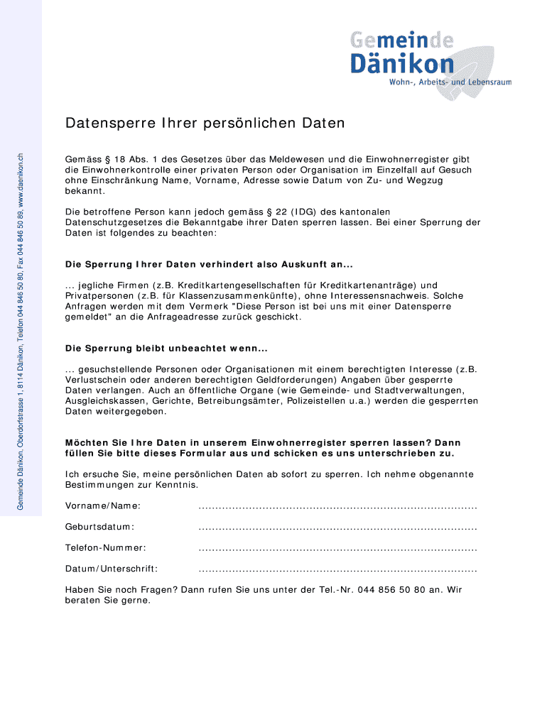 Fillable Online daenikon Datensperre pers nliche Daten Formular.doc Fax Email Print - pdfFiller