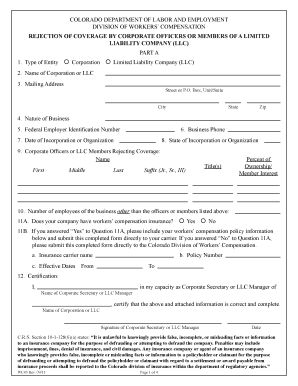 Fillable Online colorado REJECTION OF COVERAGE BY CORPORATE OFFICERS OR ...