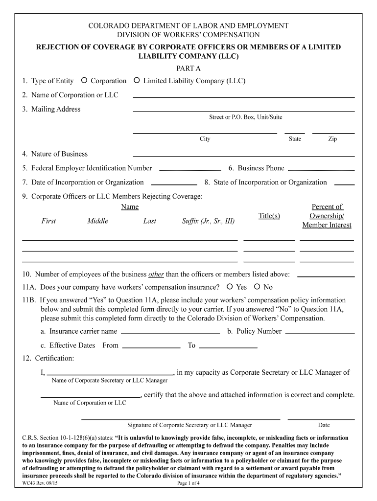 Fillable Online colorado REJECTION OF COVERAGE BY CORPORATE OFFICERS OR ...