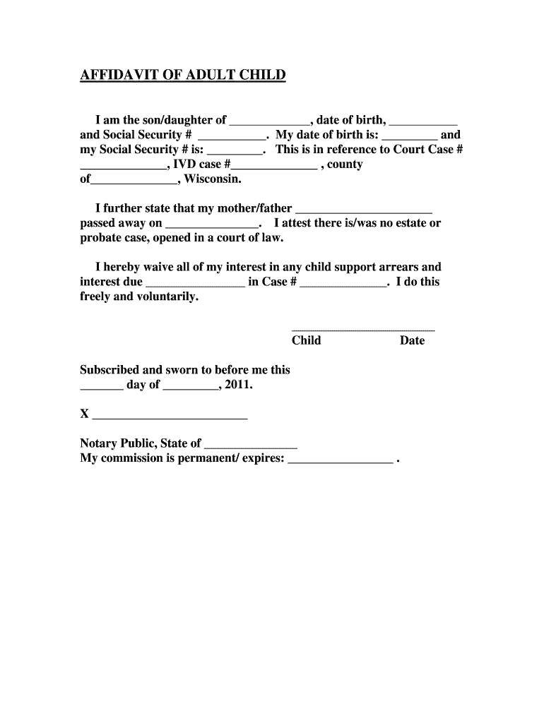 Fillable Online dcf wisconsin AFFIDAVIT OF ADULT CHILD - dcf wisconsin ...
