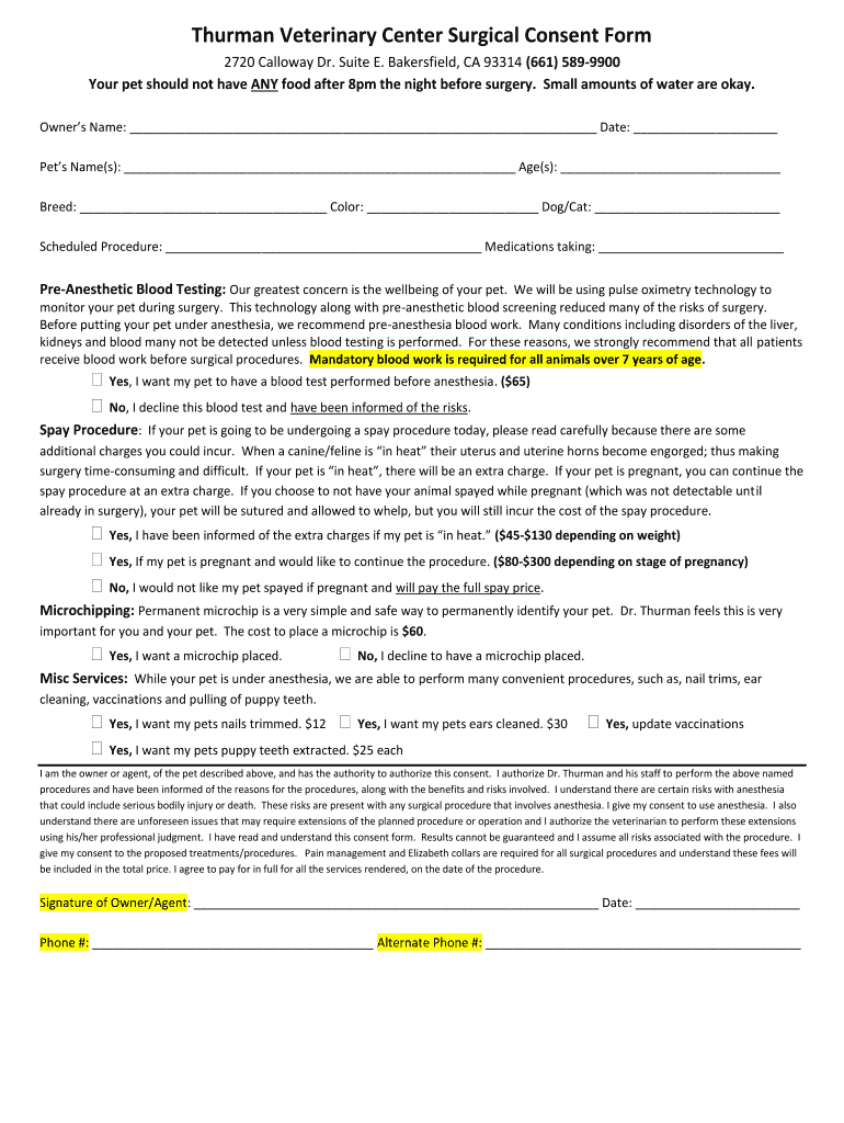 Fillable Online Thurman Veterinary Center Surgical Consent Form Fax ...