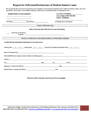 Fillable Online dartmouth Request for Deferment/Forbearance of Medical ...