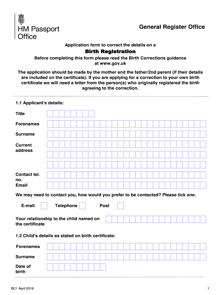 Fillable Online Application form to correct the details on a Birth ...