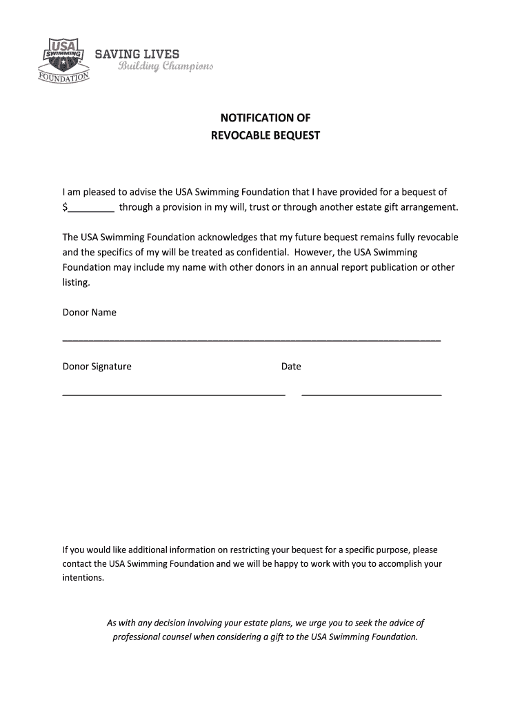 Fillable Online usaswimming REVOCABLE BEQUEST Fax Email Print - pdfFiller
