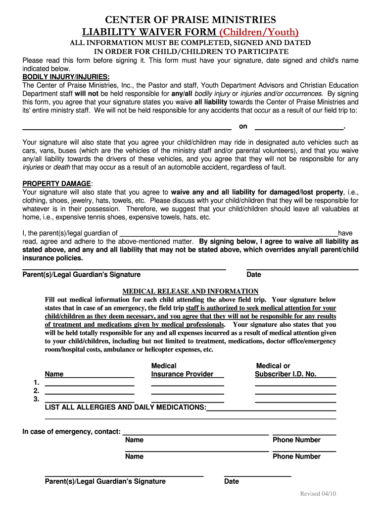 Fillable Online LIABILITY WAIVER FORM (Children/Youth) Fax Email Print ...
