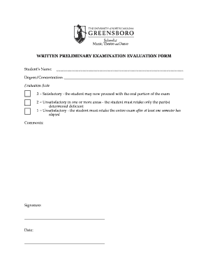 Fillable Online vpa uncg WRITTEN PRELIMINARY EXAMINATION EVALUATION FORM - vpa.uncg.edu Fax ...