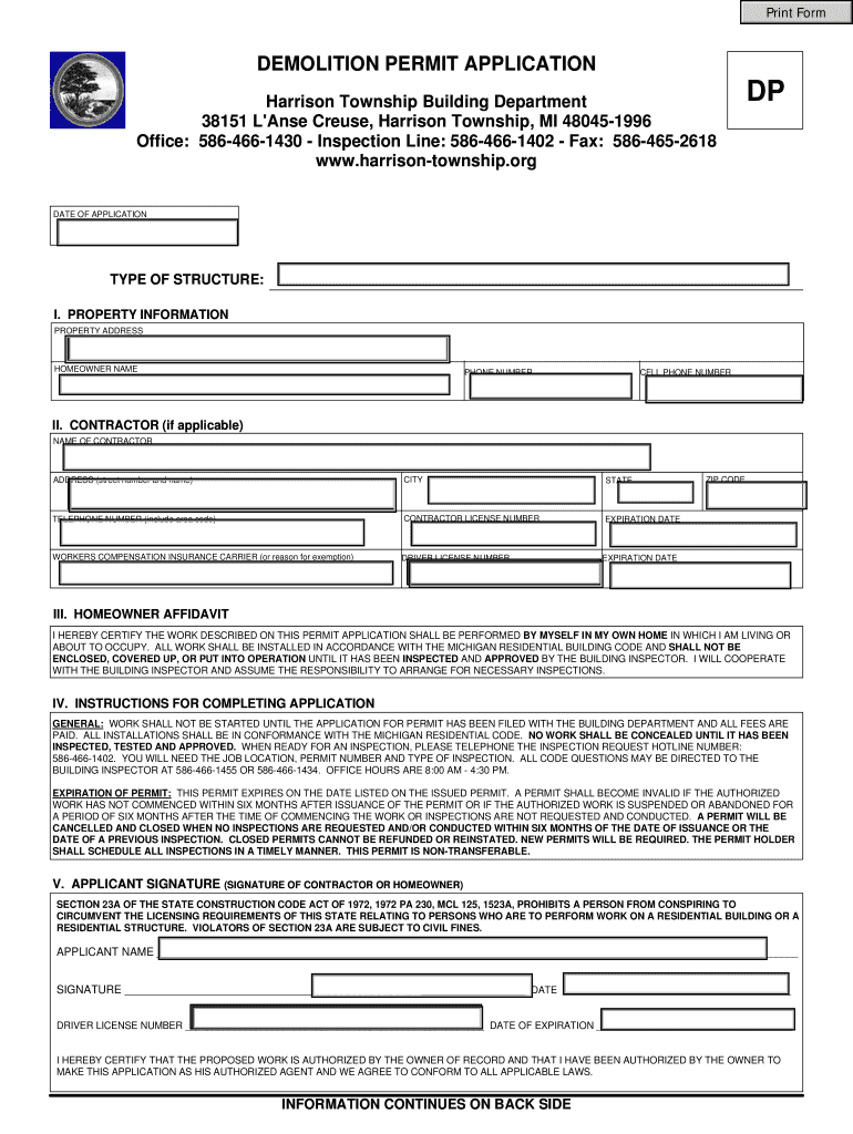 Fillable Online harrison-township DEMOLITION PERMIT APPLICATION - Harrison Township, Michigan ...